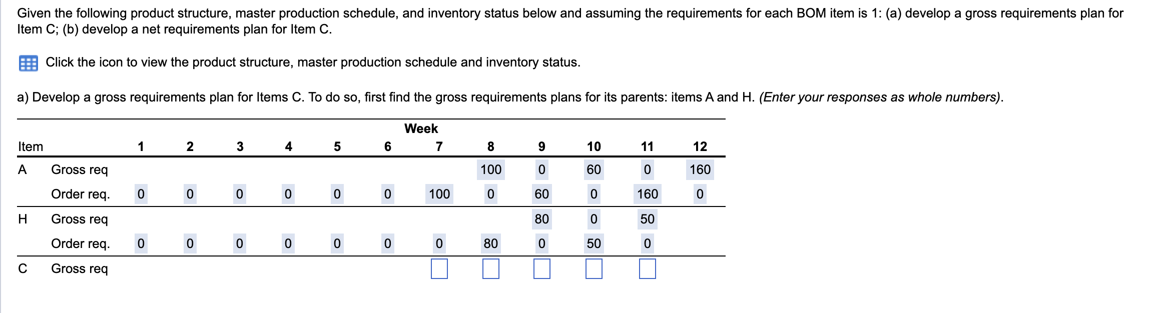 Solved Given the following product structure, master | Chegg.com
