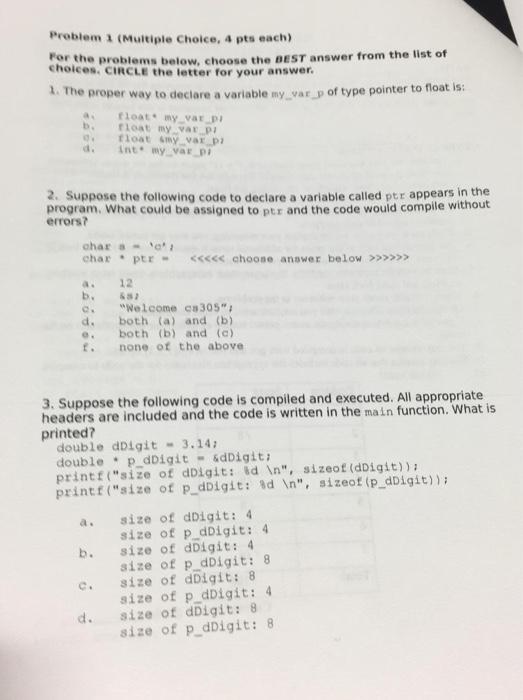 Solved Problem 1 (Multiple Choice, 4 pts each) Fo r the | Chegg.com