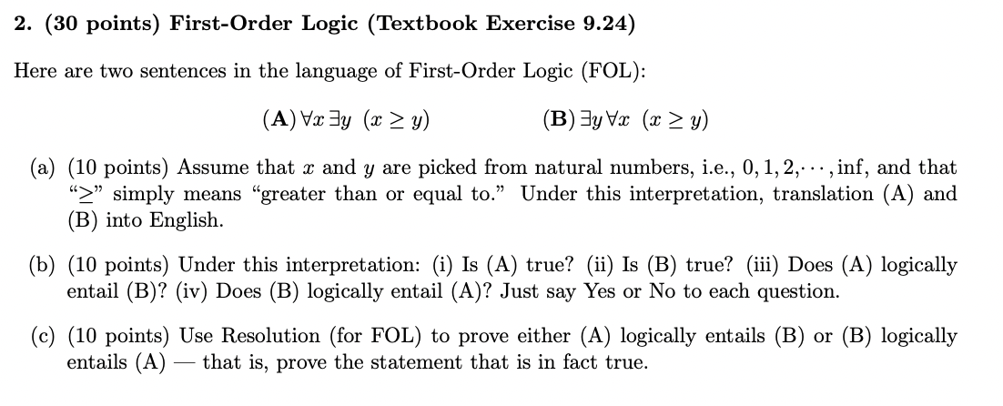 Solved 2. (30 points) First-Order Logic (Textbook Exercise | Chegg.com