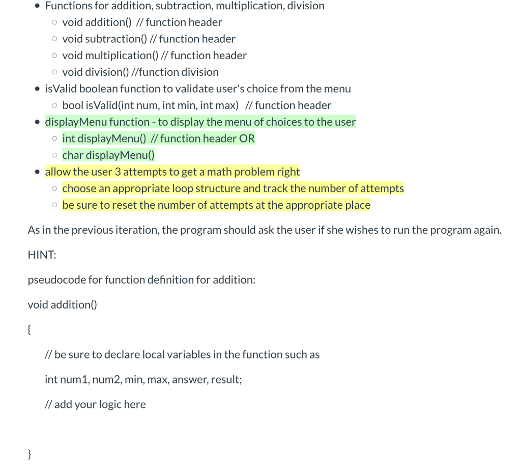 I just need an example for the void addition() that | Chegg.com
