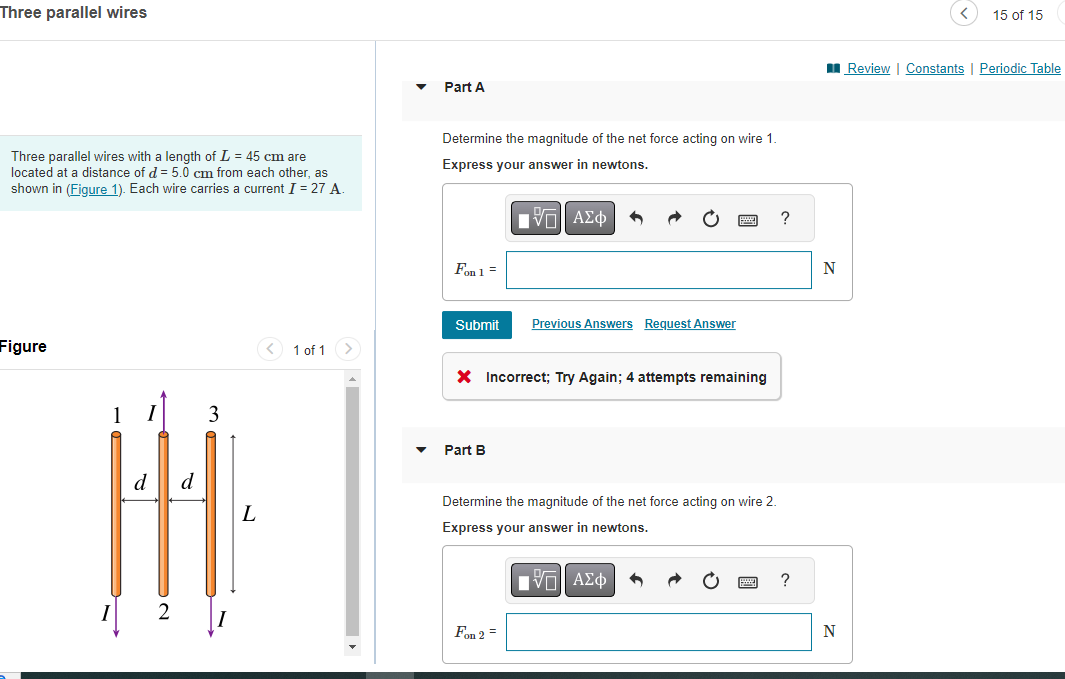 Solved Three parallel wires with a length of L = 45 cm are | Chegg.com
