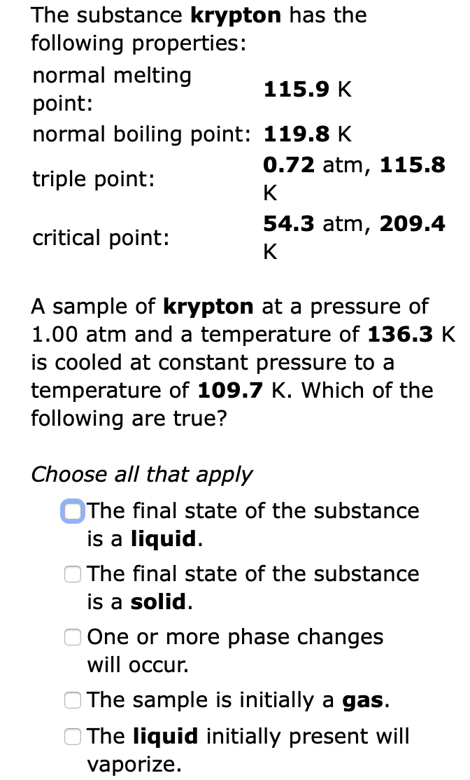 Solved The substance krypton has the following properties: | Chegg.com