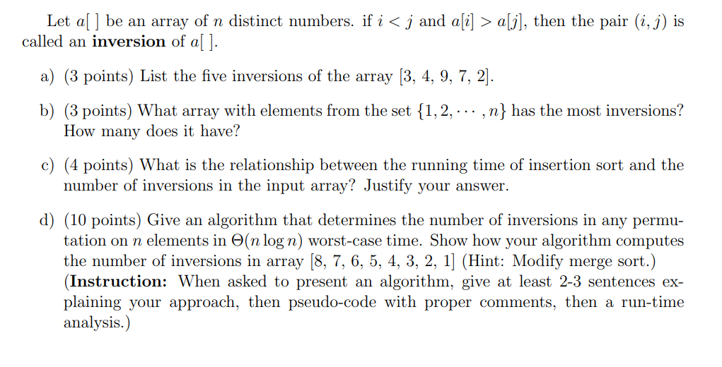 Solved Let a[] be an array of n distinct numbers. if ia[j], | Chegg.com