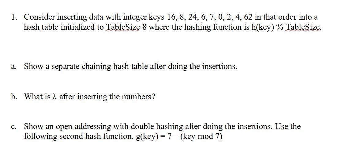 Solved 1. Consider inserting data with integer keys 16, 8, | Chegg.com Solved 1. Consider inserting data with integer keys 16, 8, | Chegg.com