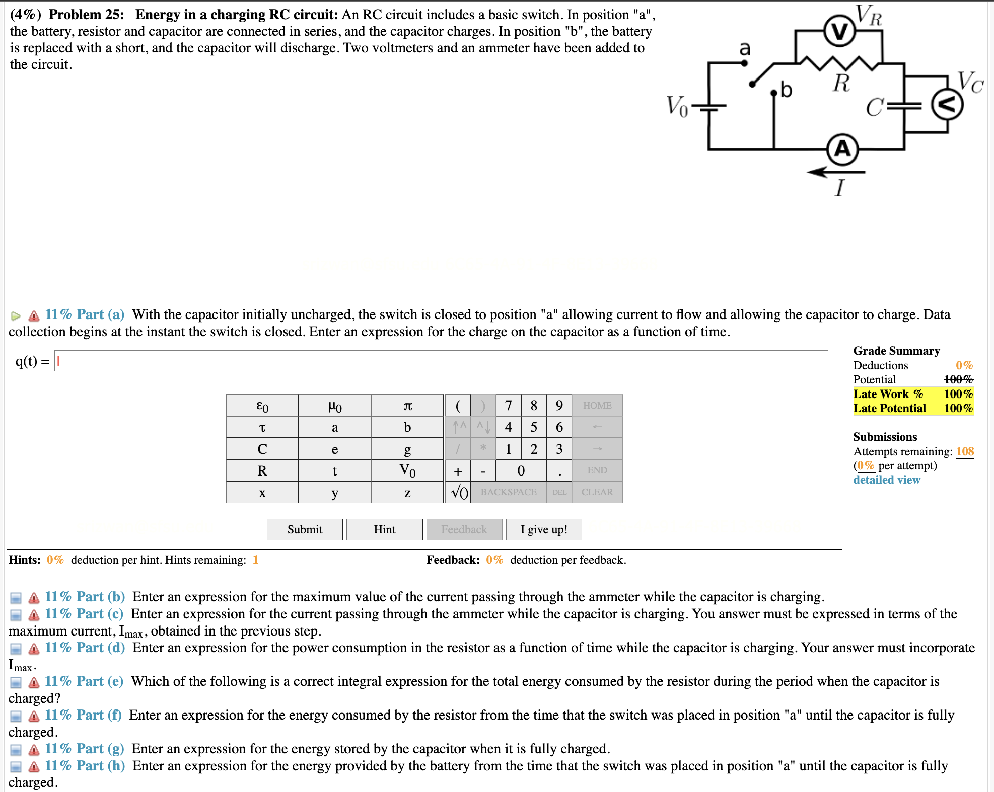 Solved (4\%) Problem 25: Energy in a charging RC circuit: An | Chegg.com