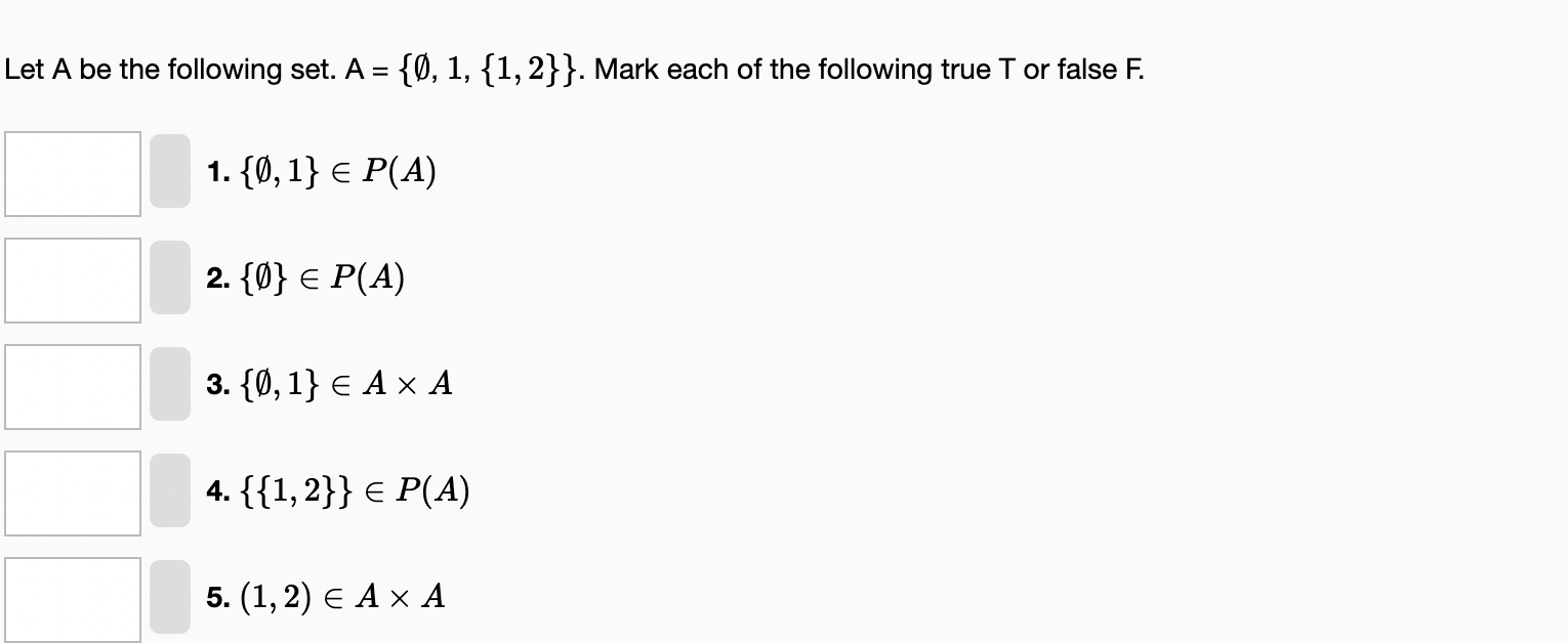 Solved Let A be the following set. A={∅,1,{1,2}}. Mark each | Chegg.com