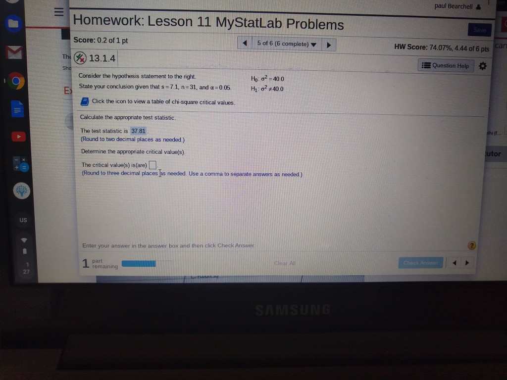 Solved paul Bearchell & Save Homework: Lesson 11 MyStatLab | Chegg.com