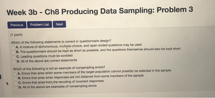 Solved Week 3b - Ch8 Producing Data Sampling: Problem 3 | Chegg.com