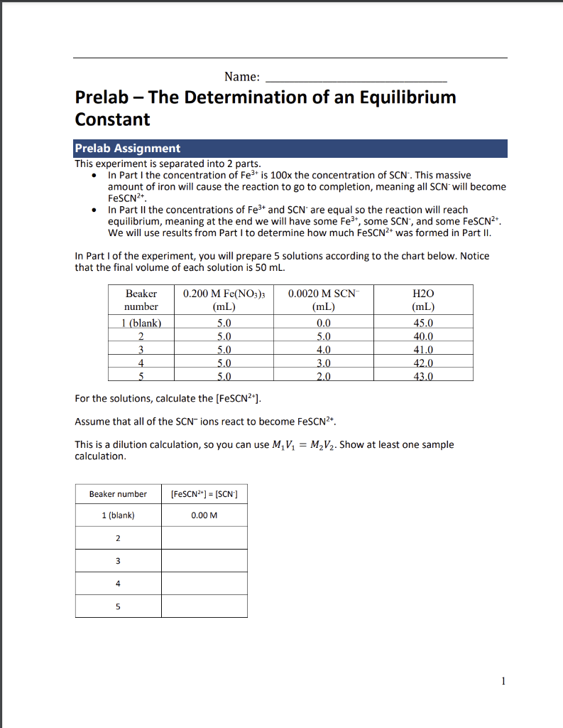 Solved Prelab - The Determination of an Equilibrium Constant | Chegg.com