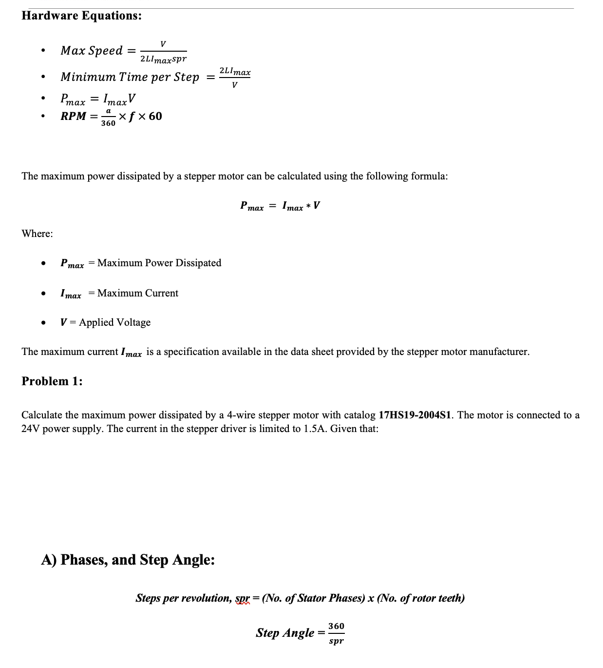 Solved Hardware Equations:, ﻿Max Speed =V2LImaxspr, ﻿Minimum | Chegg.com