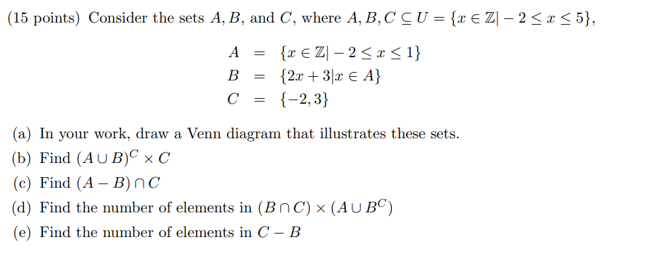 Solved (15 points) Consider the sets A,B, and C, where | Chegg.com