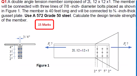 Solved Q1:A double angle tension member composed of 2L 12 x | Chegg.com