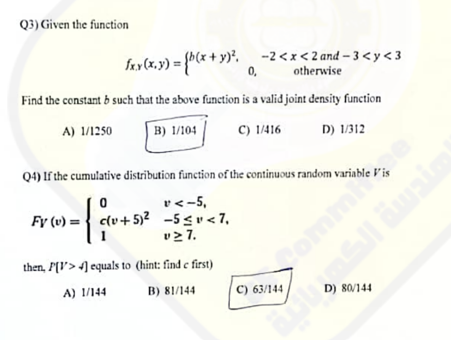 Solved Q3) Given the function fX,Y(x,y)={b(x+y)2,0,−24] | Chegg.com