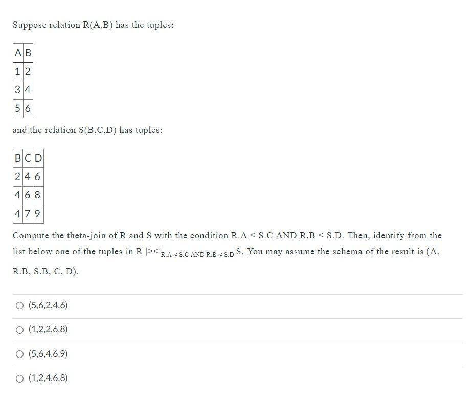 Solved Suppose relation R(A,B) has the tuples: AB 1 2 2 34 5 | Chegg.com