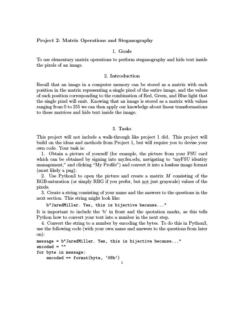 Solved Project 2: Matrix Operations and Steganography 1. | Chegg.com