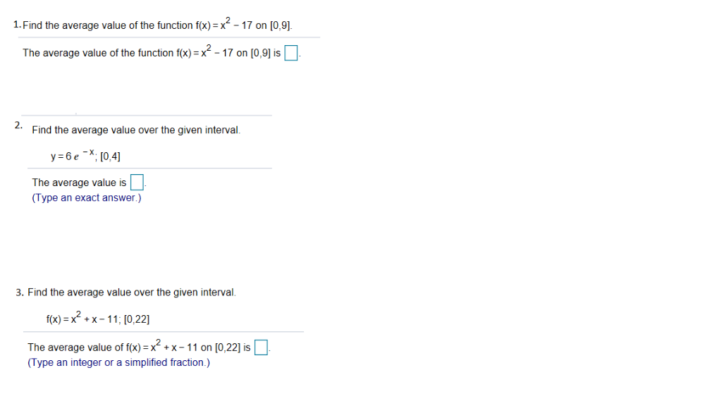 Solved 1. Find the average value of the function f(x)=x2-17 | Chegg.com