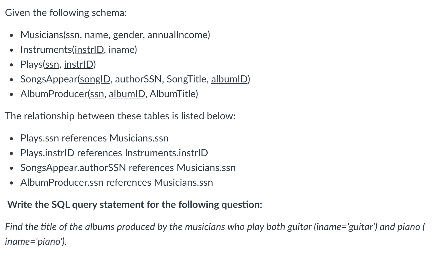 Solved Given the following schema: . . Musicians(ssn, name, | Chegg.com