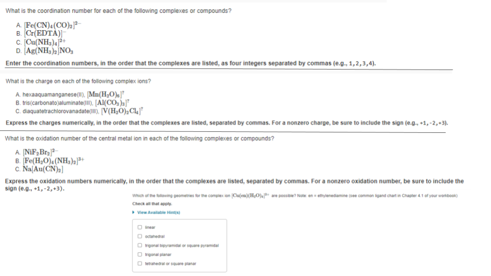 Solved What Is The Coordination Number For Each Of The