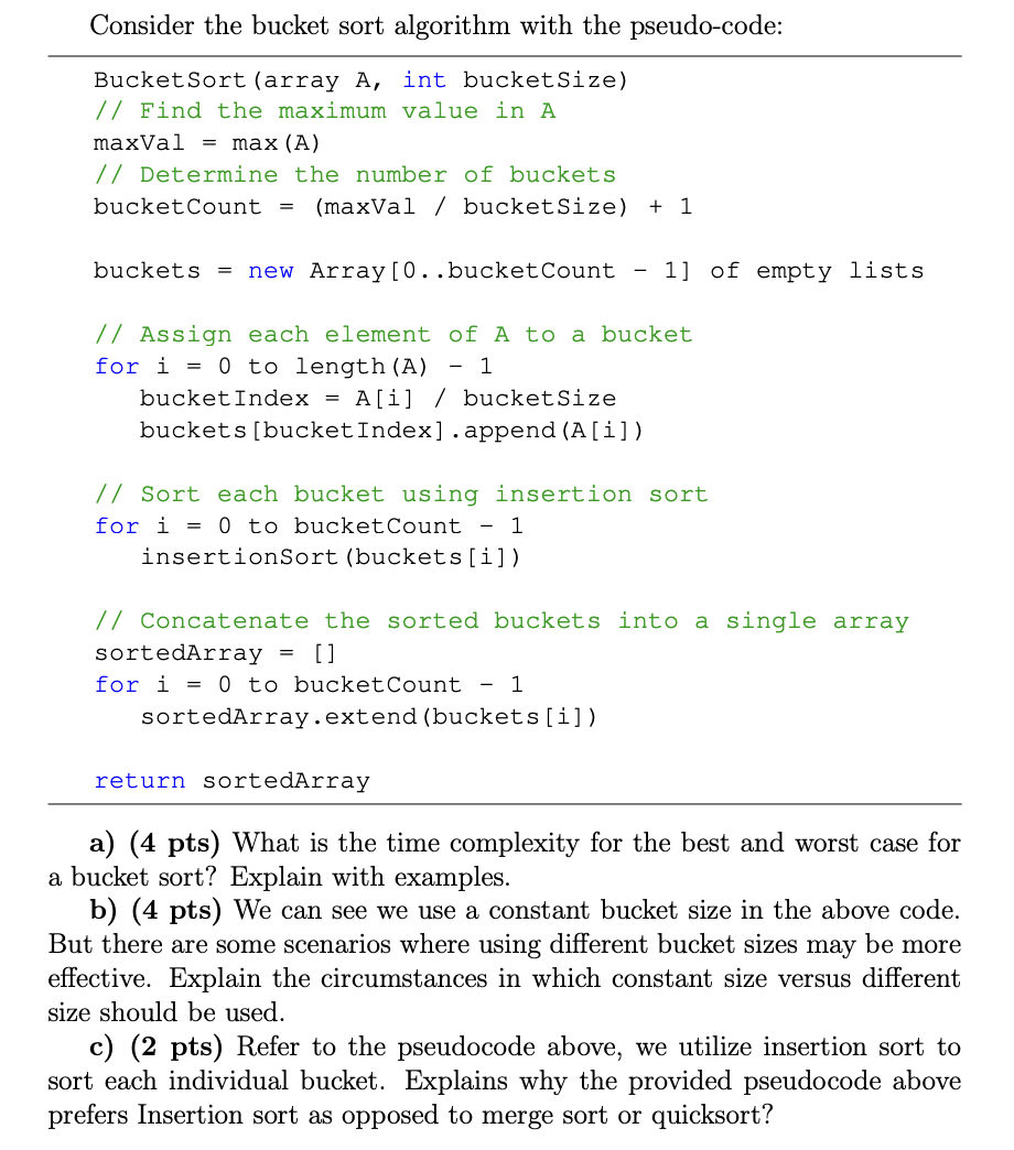 Solved Consider the bucket sort algorithm with the | Chegg.com