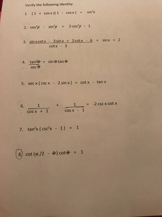 Solved Verify the following identity. 1. (1 cosx)(1 cosx) | Chegg.com Solved Verify the following identity. 1. (1 cosx)(1 cosx) | Chegg.com