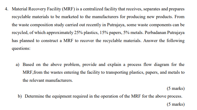 Solved 4. Material Recovery Facility (MRF) is a centralized | Chegg.com