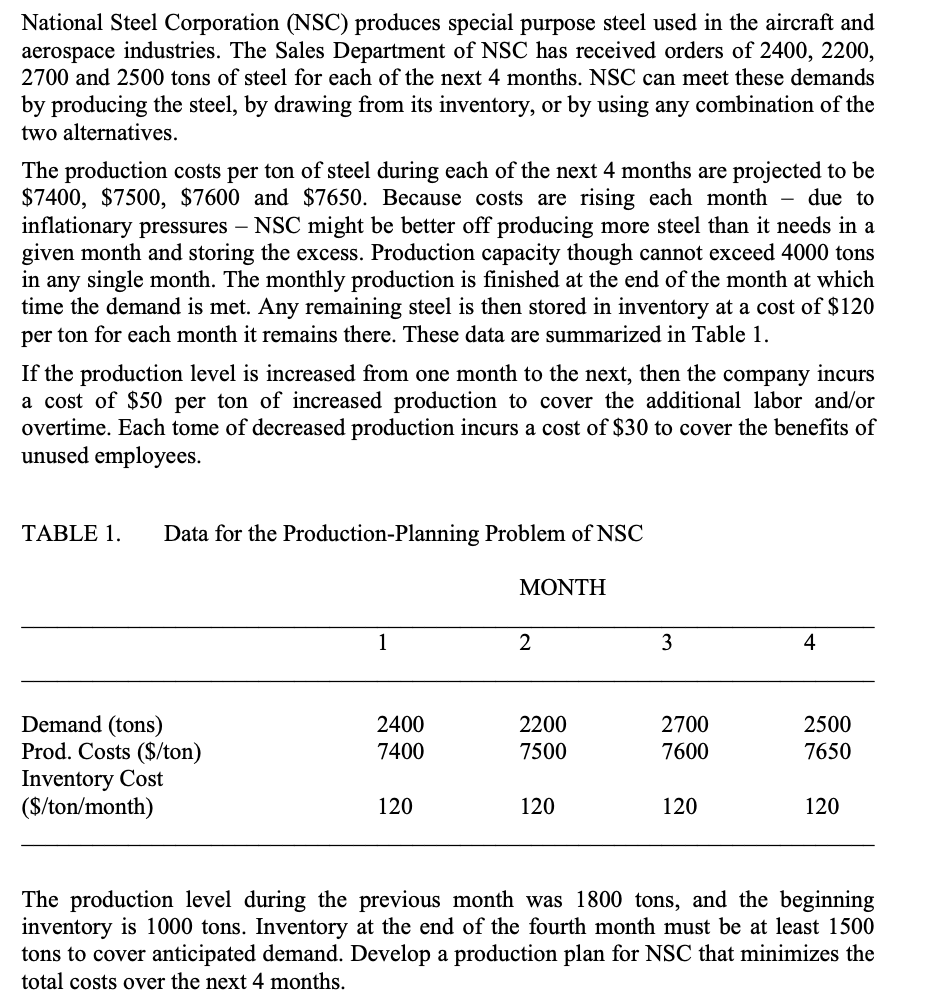 Solved National Steel Corporation (NSC) ﻿produces special | Chegg.com