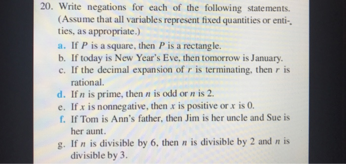 Solved 20. Write negations for each of the following | Chegg.com
