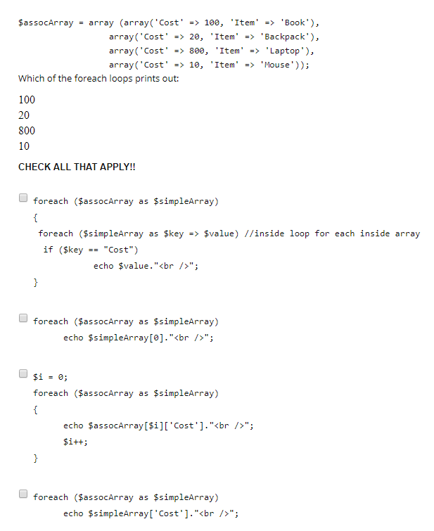 Solved $assocArray = array(array('Cost' => 100, 'Item' => | Chegg.com