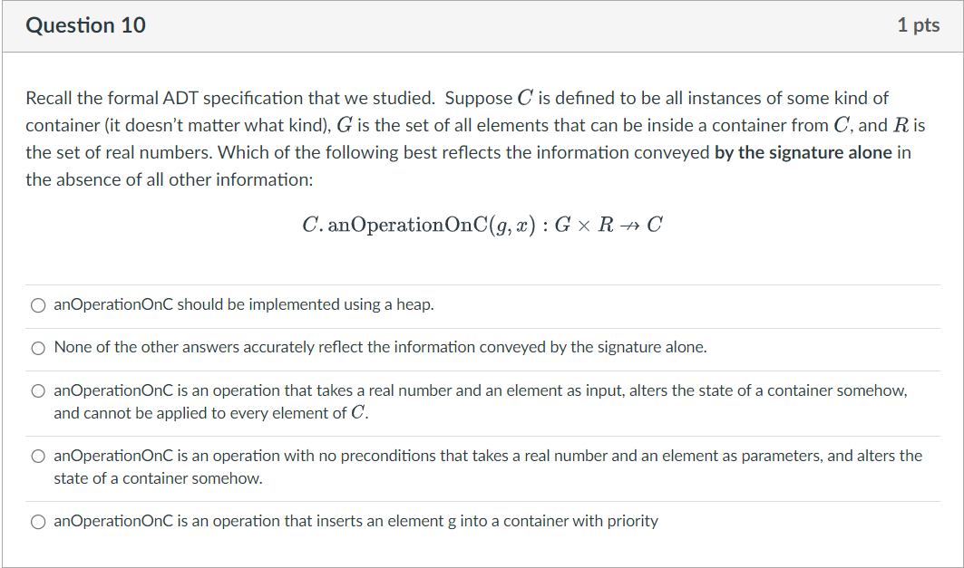 Solved Recall the formal ADT specification that we studied. | Chegg.com