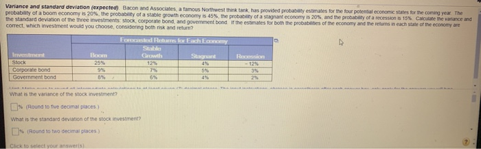 Solved t Variance and standard deviation (expected) Bacon | Chegg.com
