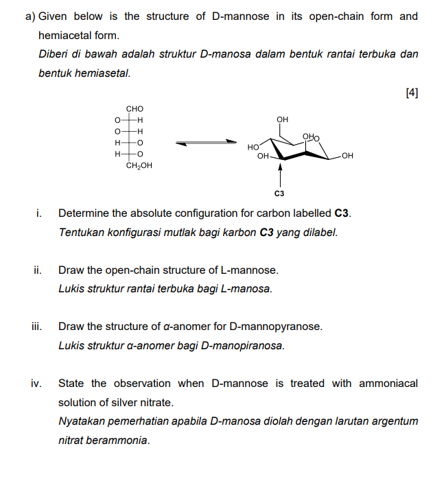 Solved a) Given below is the structure of D-mannose in its | Chegg.com