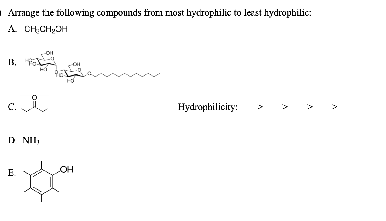 Solved Arrange the following compounds from most hydrophilic | Chegg.com