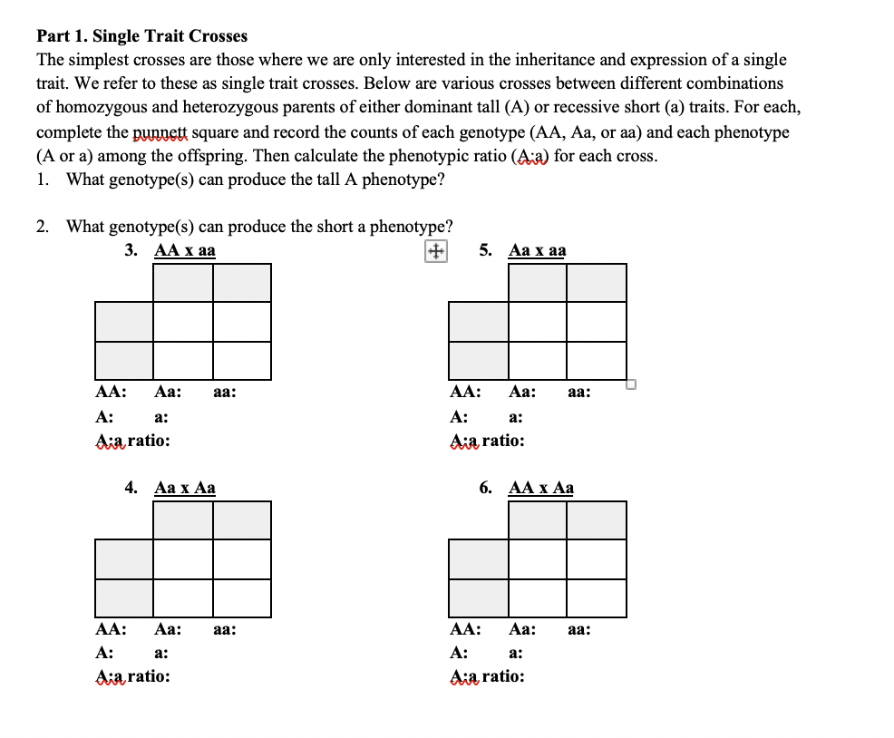 Solved Part 1. Single Trait Crosses The simplest crosses are | Chegg.com