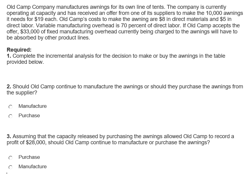 Solved Old Camp Company manufactures awnings for its own | Chegg.com