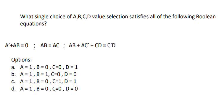 Solved What single choice of A,B,C,D value selection | Chegg.com