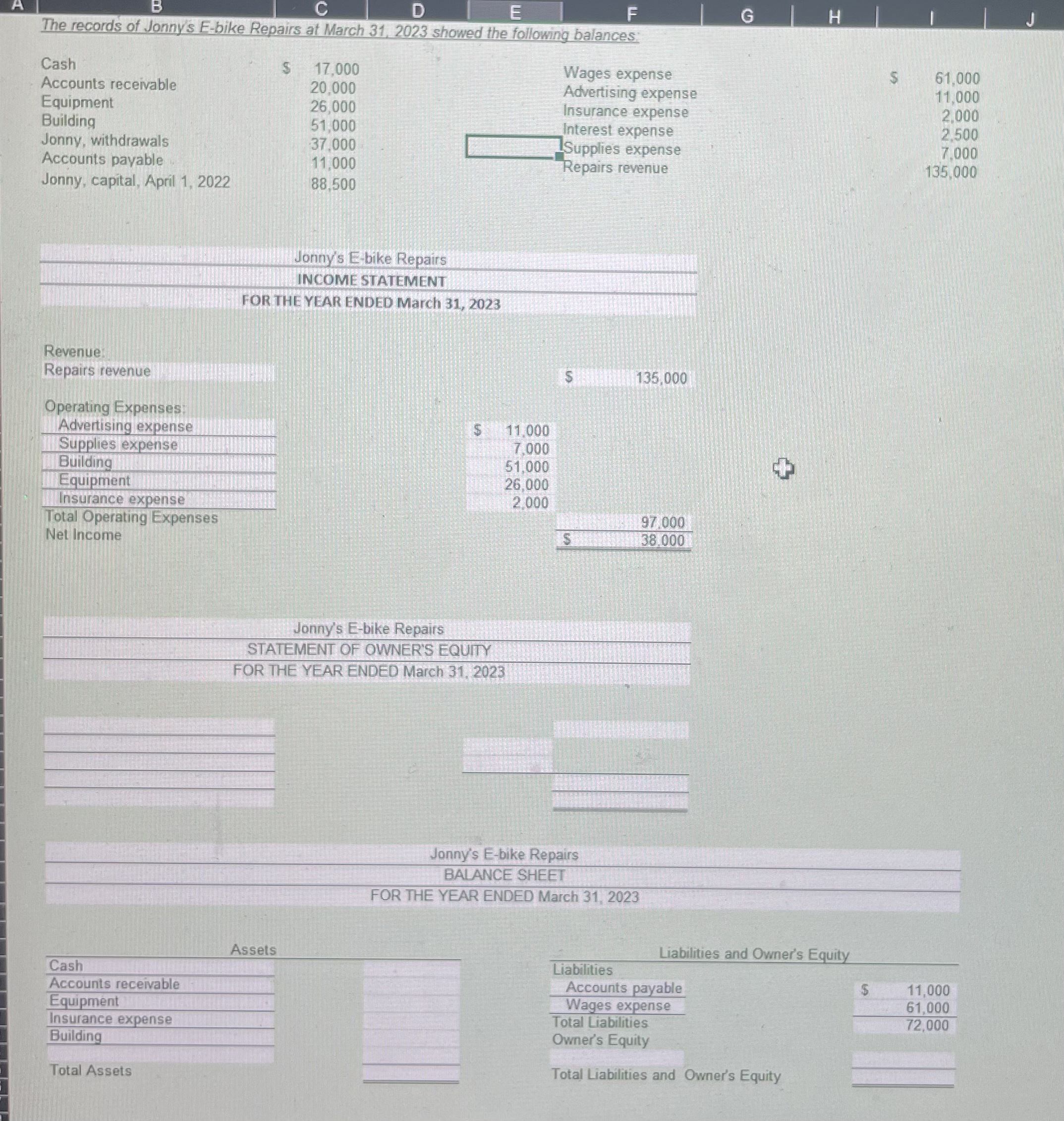 Solved Prepare income statement, statement of owner’s | Chegg.com