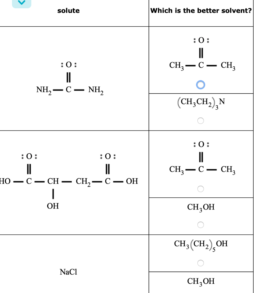 Solved solute Which is the better solvent? :0: II CH3 – C – | Chegg.com