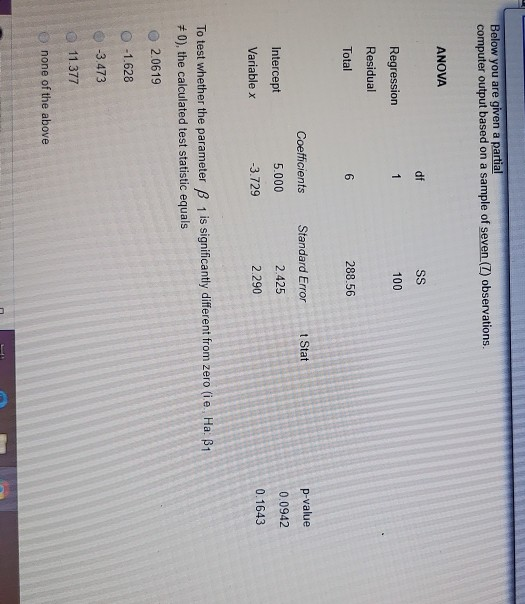 Solved Below you are given a partial computer output based | Chegg.com
