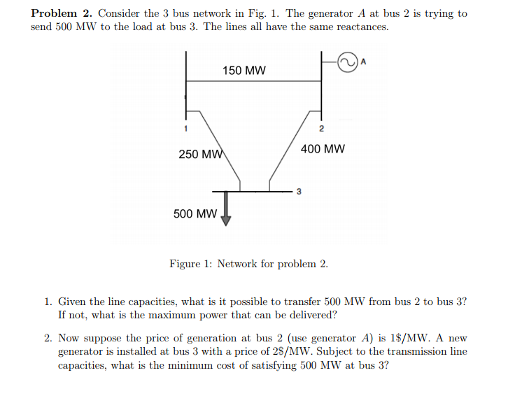 Solved Problem 2. Consider the 3 bus network in Fig. 1. The | Chegg.com