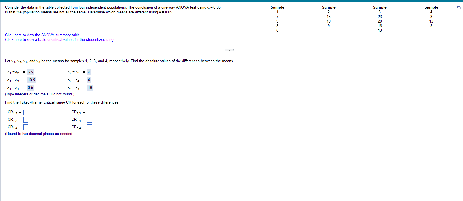 Solved Find the Tukey-Kramer critical range for each of | Chegg.com