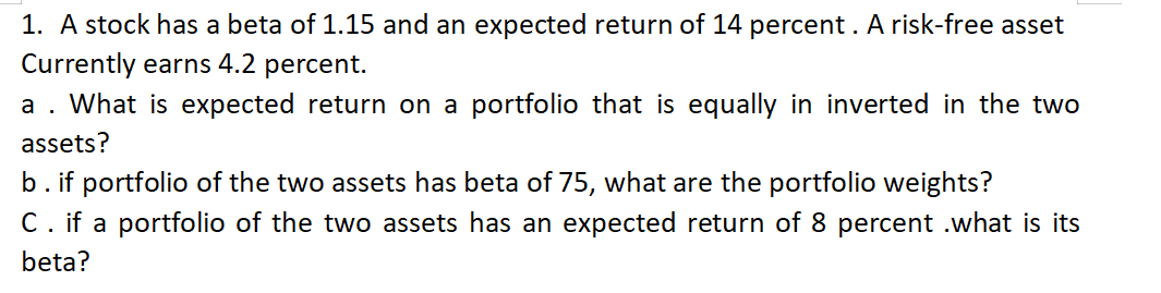 Solved 1. A stock has a beta of 1.15 and an expected return | Chegg.com