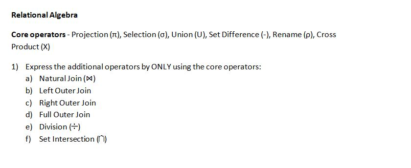 Solved Relational Algebra Core operators-Projection (π), | Chegg.com