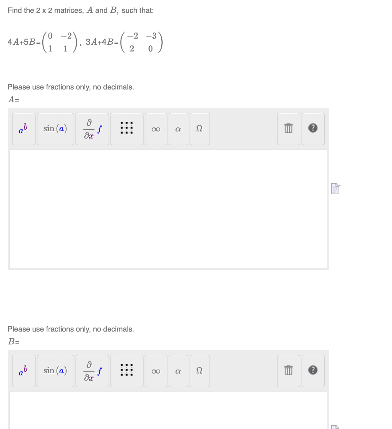 Solved Find the 2×2 ﻿matrices, A and B, ﻿such | Chegg.com