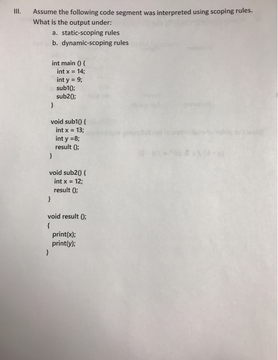 Solved IlI. Assume the following code segment was | Chegg.com