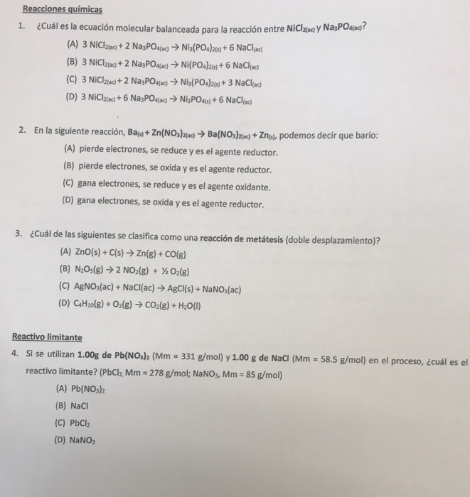 Solved ími 1· Cuál es la ecuación molecular balanceada para | Chegg.com