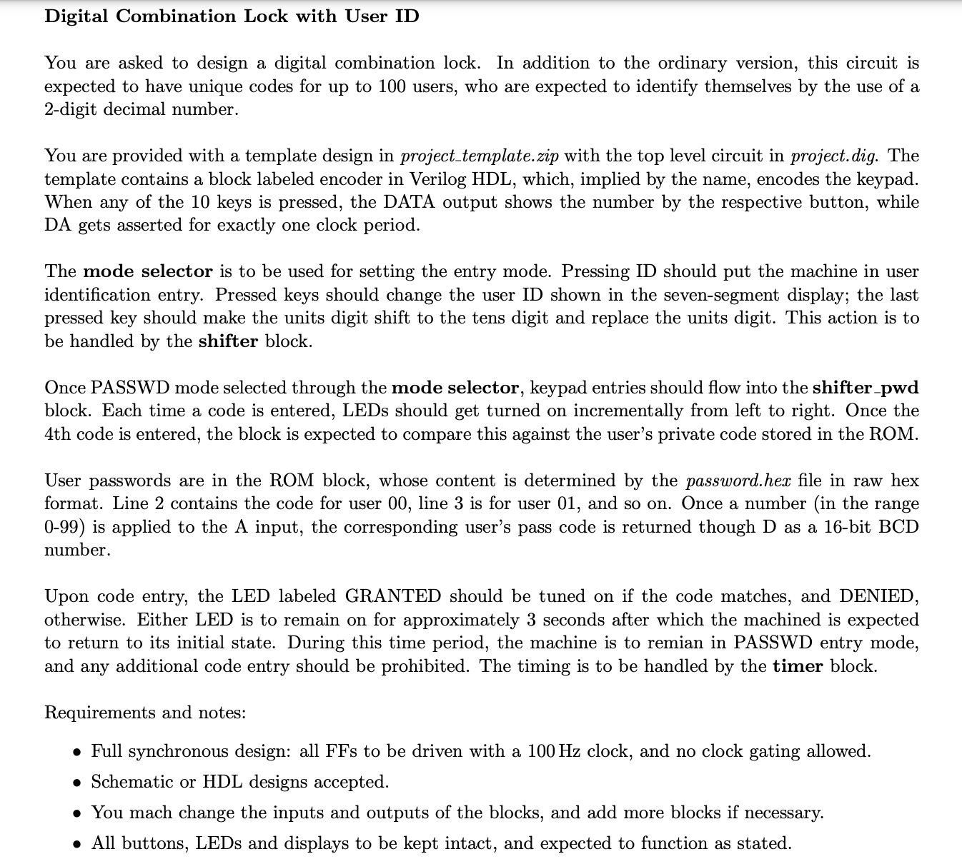 Solved Digital Combination Lock with User ID You are asked | Chegg.com