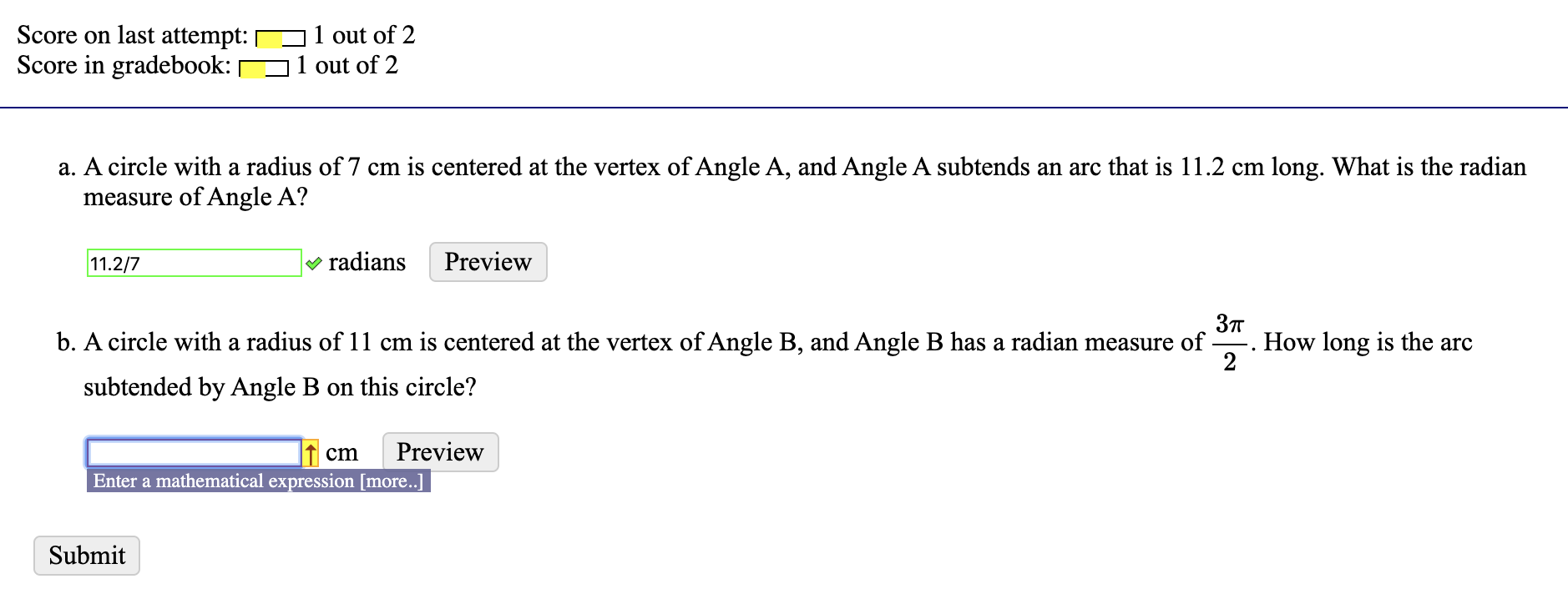 Solved Score on last attempt: Score in gradebook: l out of 2 | Chegg.com