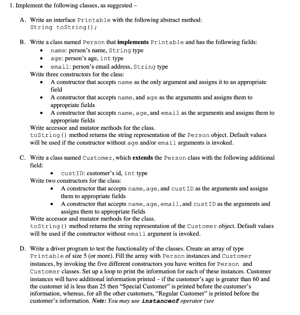 Solved 1. Implement the following classes, as suggested - A. | Chegg.com