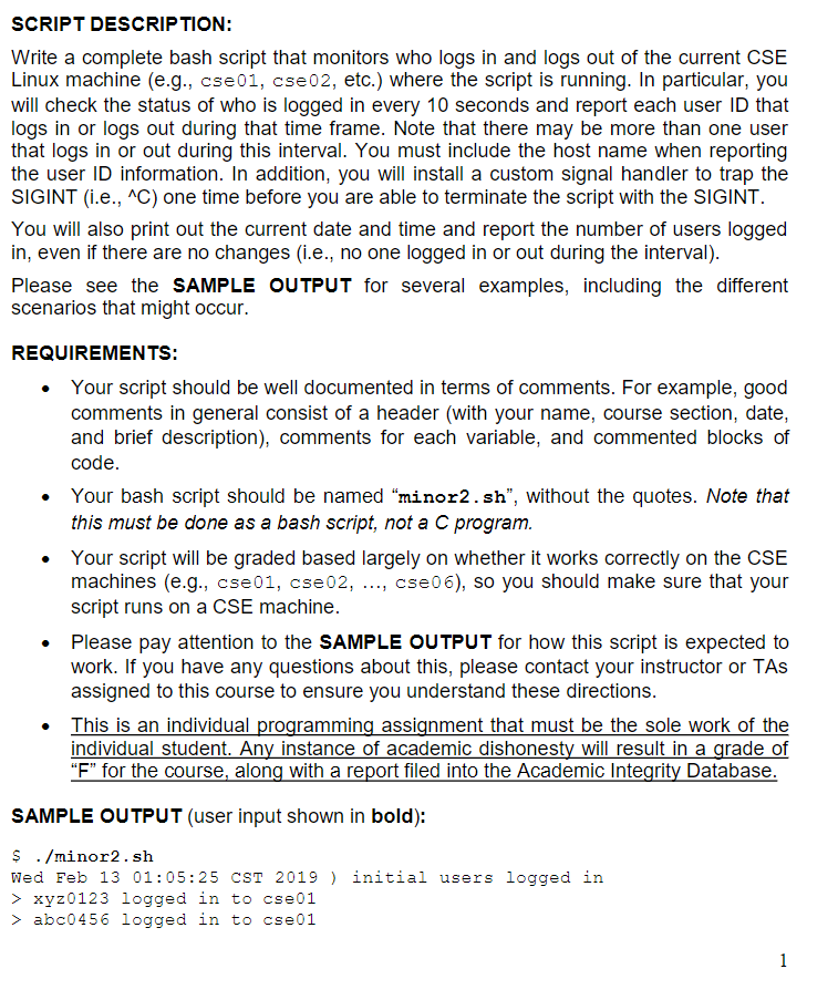 SCRIPT DESCRIPTION: Write a complete bash script that | Chegg.com