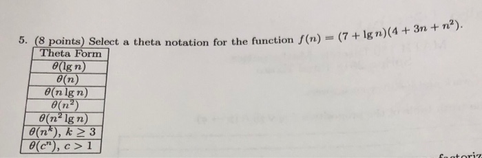 Solved (8 points) Select a theta notation for the function | Chegg.com